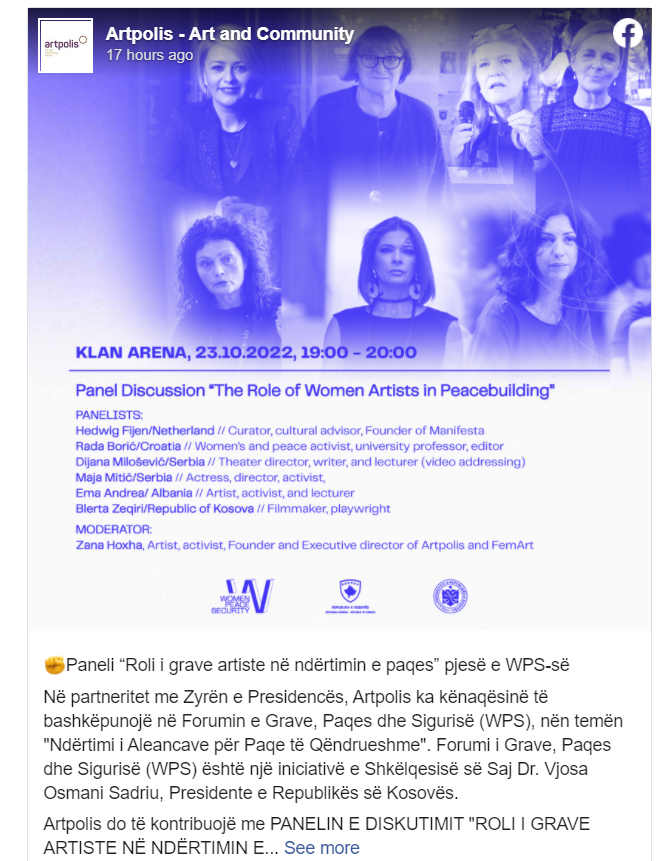 Artpolis: Paneli “Roli i grave artiste në ndërtimin e paqes” pjesë e WPS-së | Kosovalive